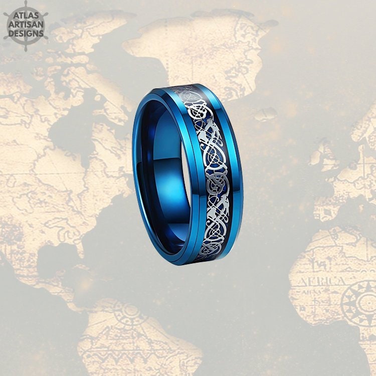 Viking Wedding Ring Mens Tungsten Ring 8mm Blue Dragon Ring - Etsy