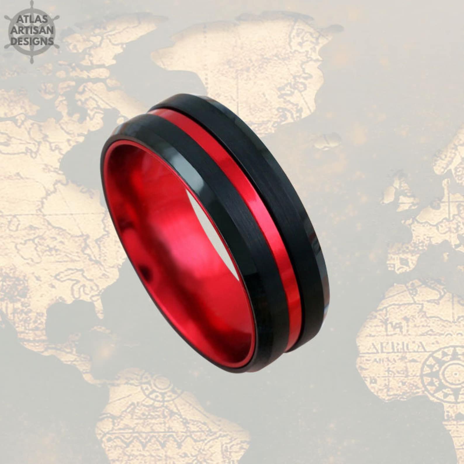 Red & Black Tungsten Ring Mens Wedding Band Thin Red Line | Etsy