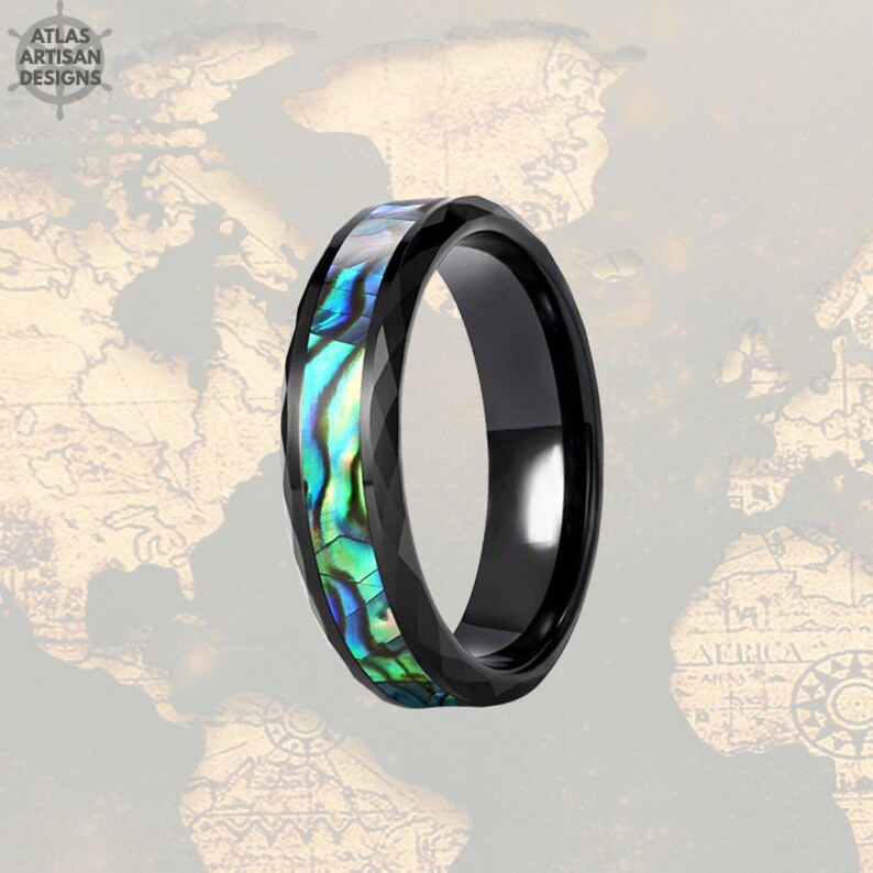 Abalone Ring Mens Wedding Band Hammered Ring 6mm Mens Ring - Etsy