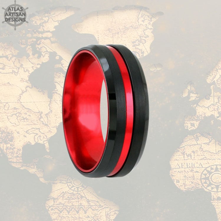 Red & Black Tungsten Ring Mens Wedding Band Thin Red Line - Etsy