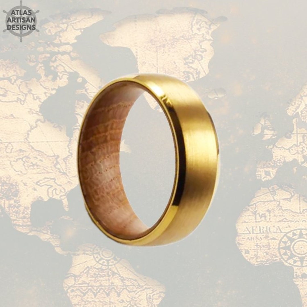 8mm Gold Whiskey Barrel Ring Mens Wedding Band Tungsten Ring, 14K Gold ...