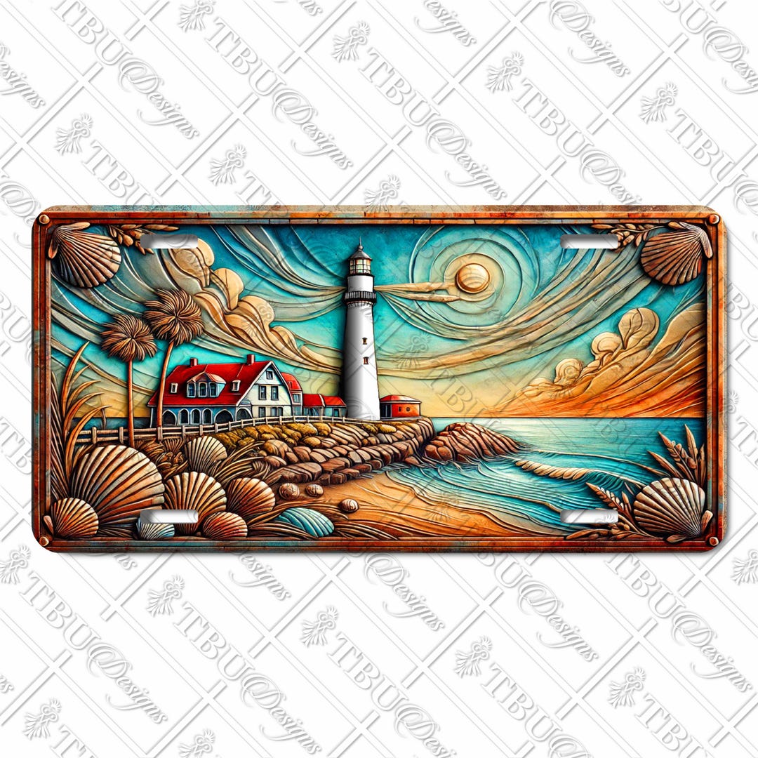 Coastal Lighthouse Sunset Aluminum License Plate With Seashell Accents ...