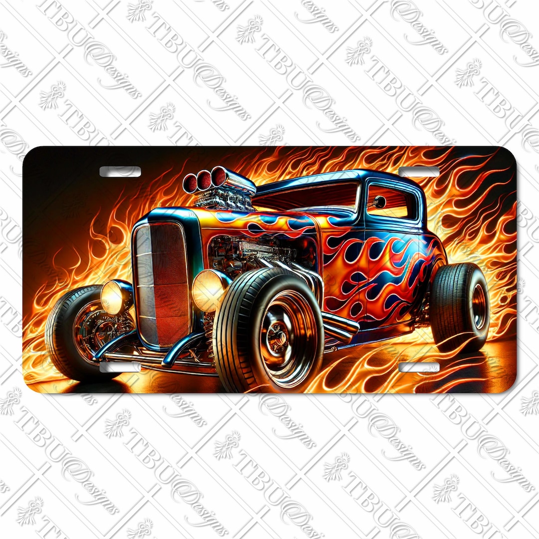 Blazing Hot Rod Aluminum License Plate – Bold Vintage Car With Fiery ...