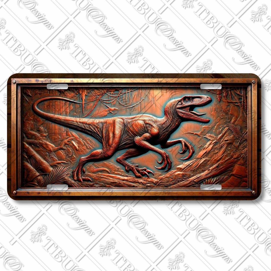Velociraptor License Plate – Embossed-style Dino in Red Jungle Scene ...