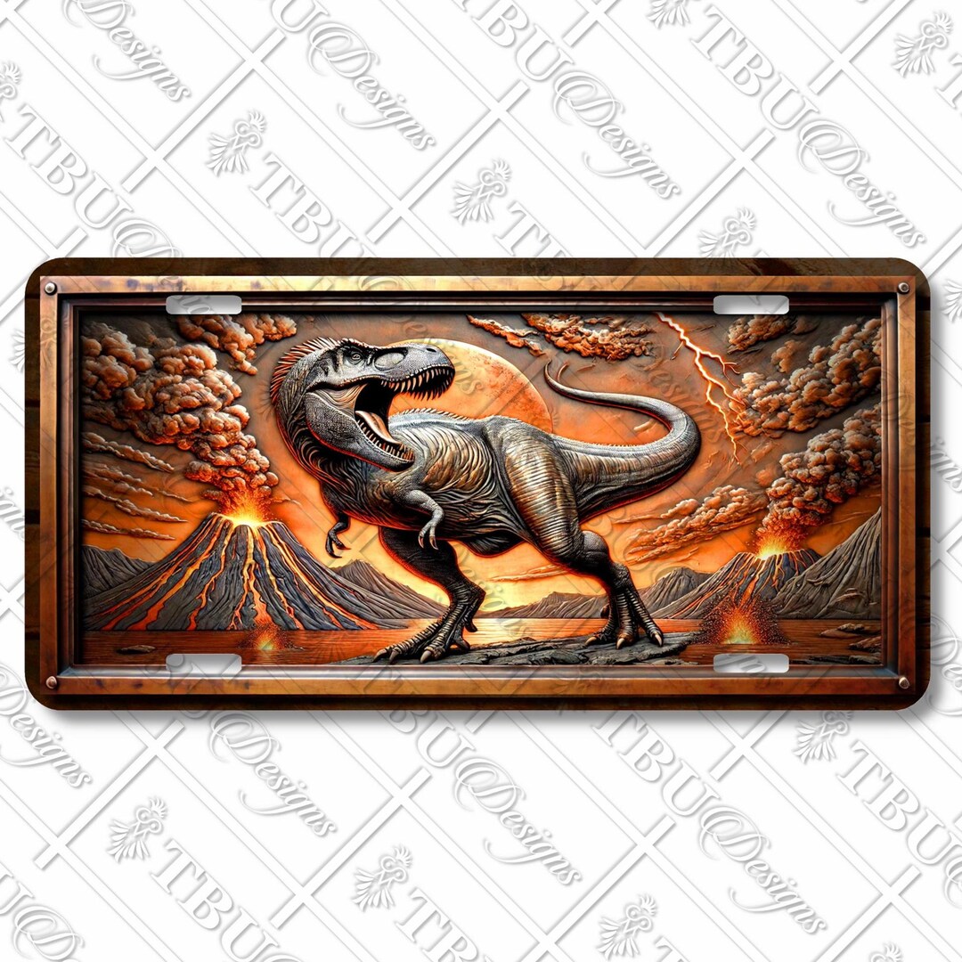 T-rex License Plate: Embossed-look Dinosaur Art - Jurassic Volcano ...