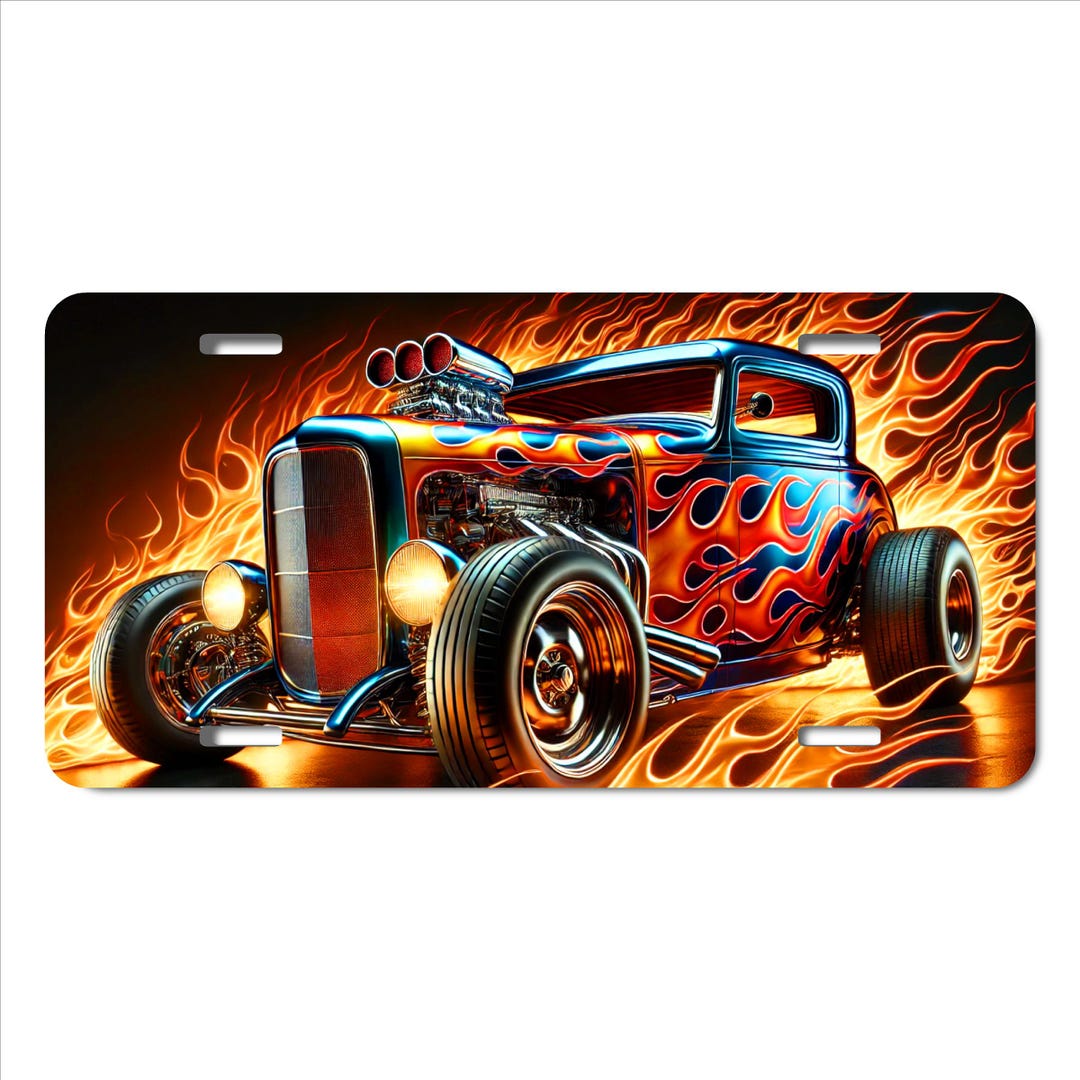 Blazing Hot Rod Aluminum License Plate Bold Vintage Car With Fiery ...
