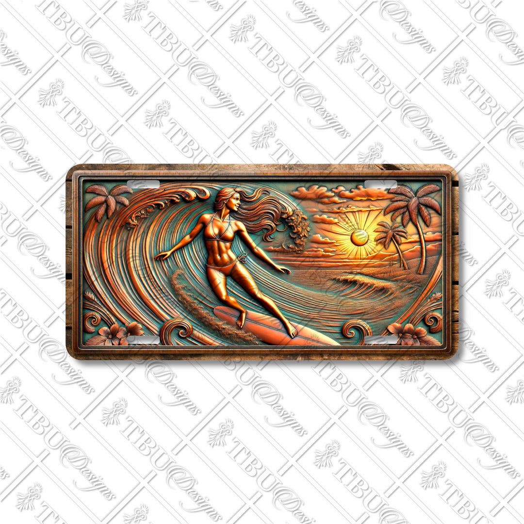 Surfing Girl License Plate: Embossed Look Tropical Sunset Wave Art - Etsy