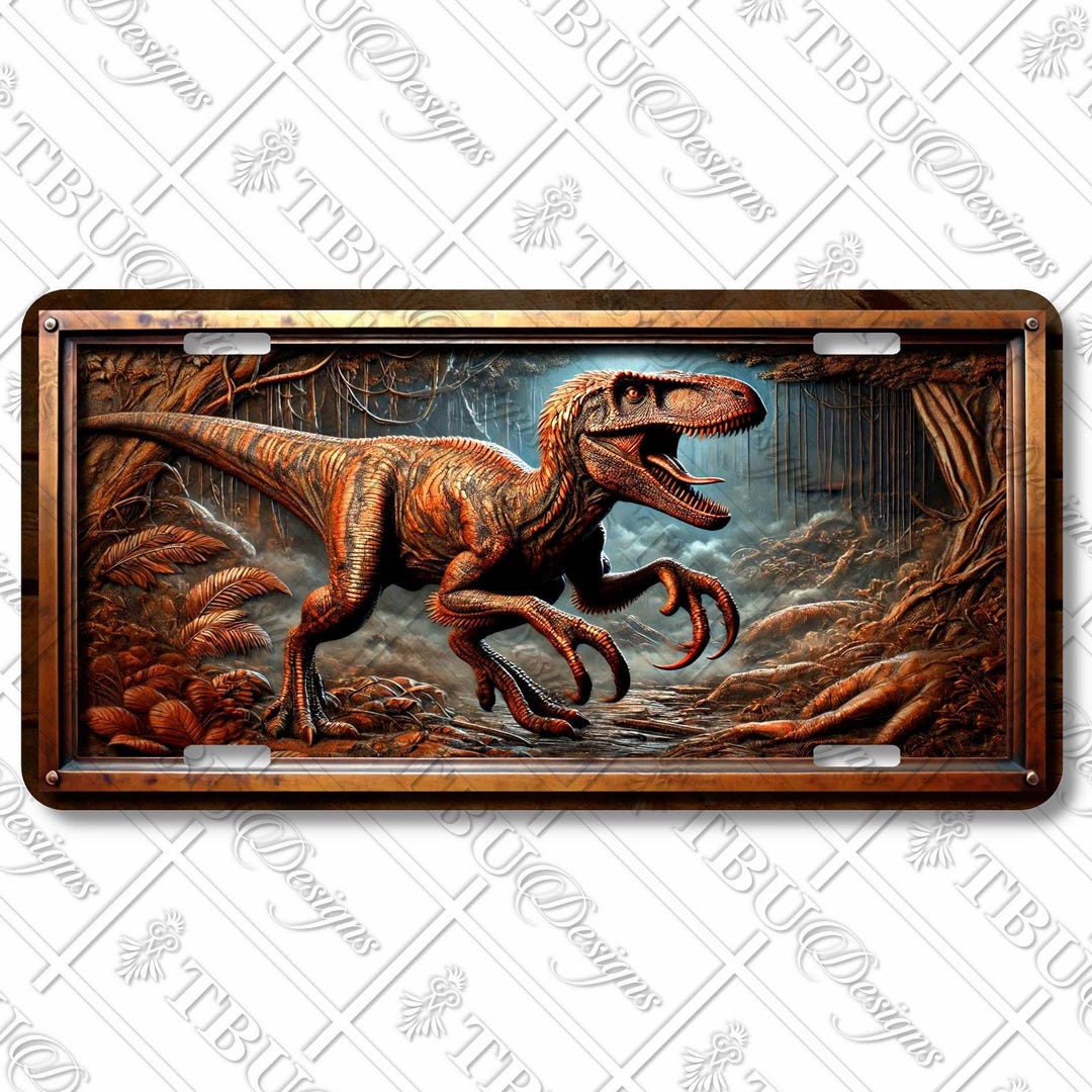 Velociraptor License Plate – Embossed-style Jungle Dinosaur Art ...