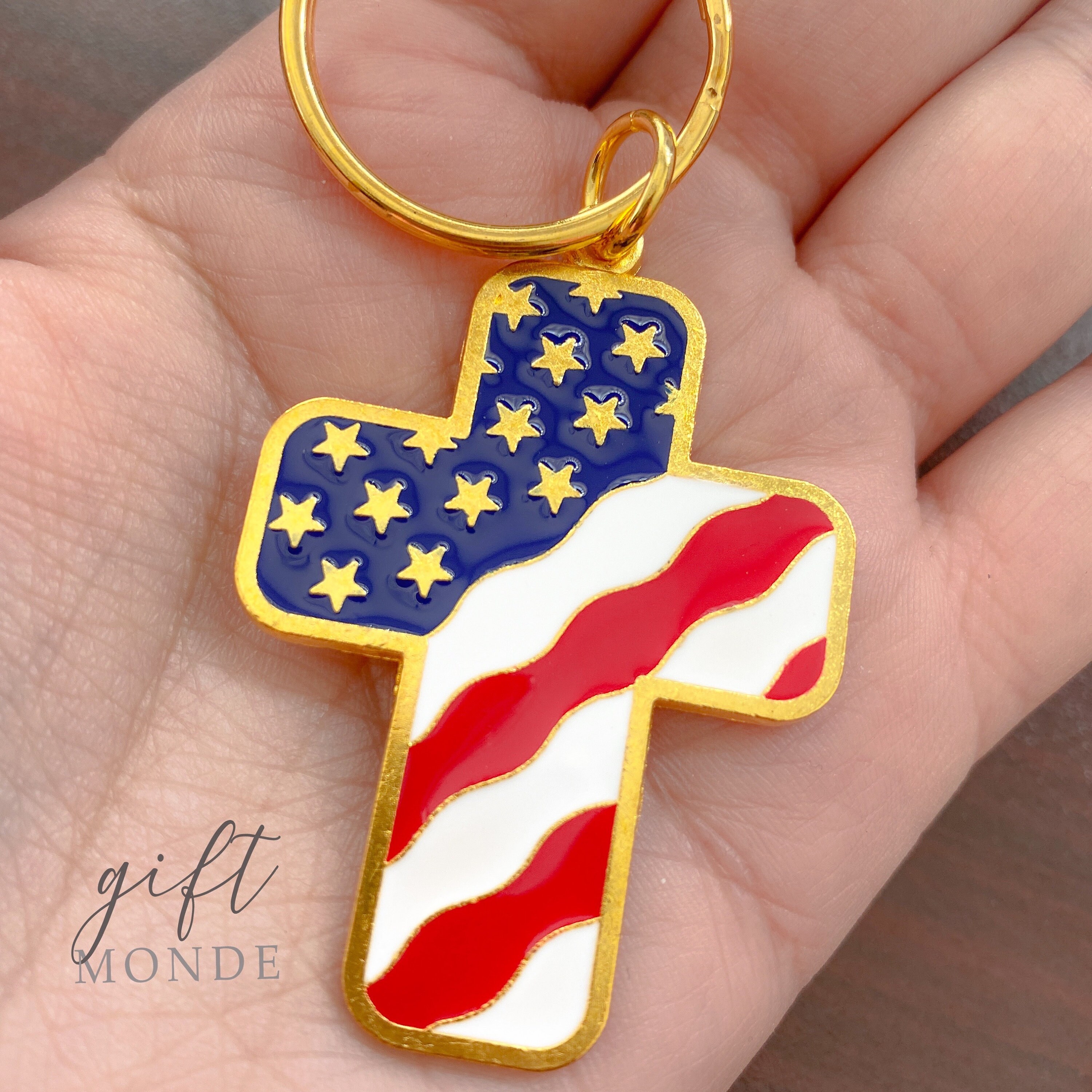 United States USA Flag Cross Key Chain Gold Red White Blue | Etsy