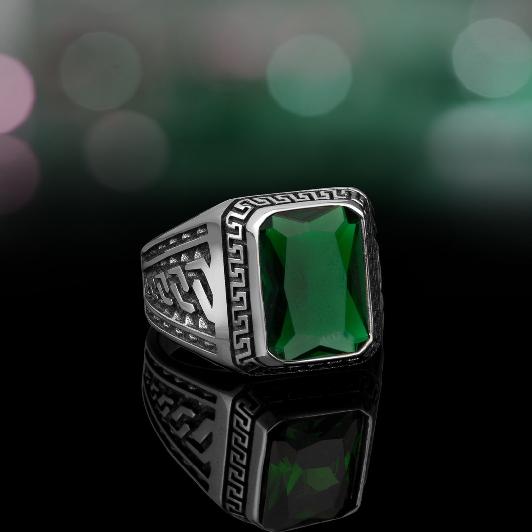 Men's Ring Turkish 925 Sterling Silver Handmade Jewelry Green Zircon ...