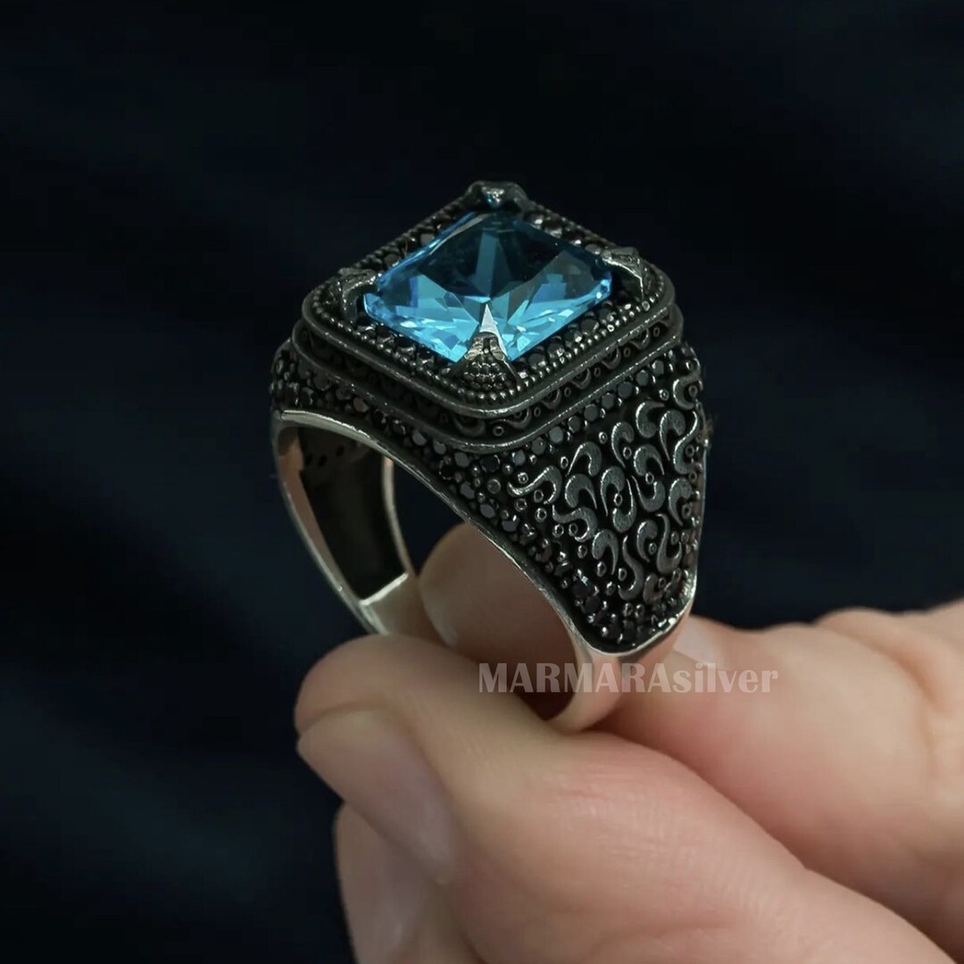Blue Topaz Men's Ring Turkish Handcrafted Jewelry 925K Sterling Silver ...