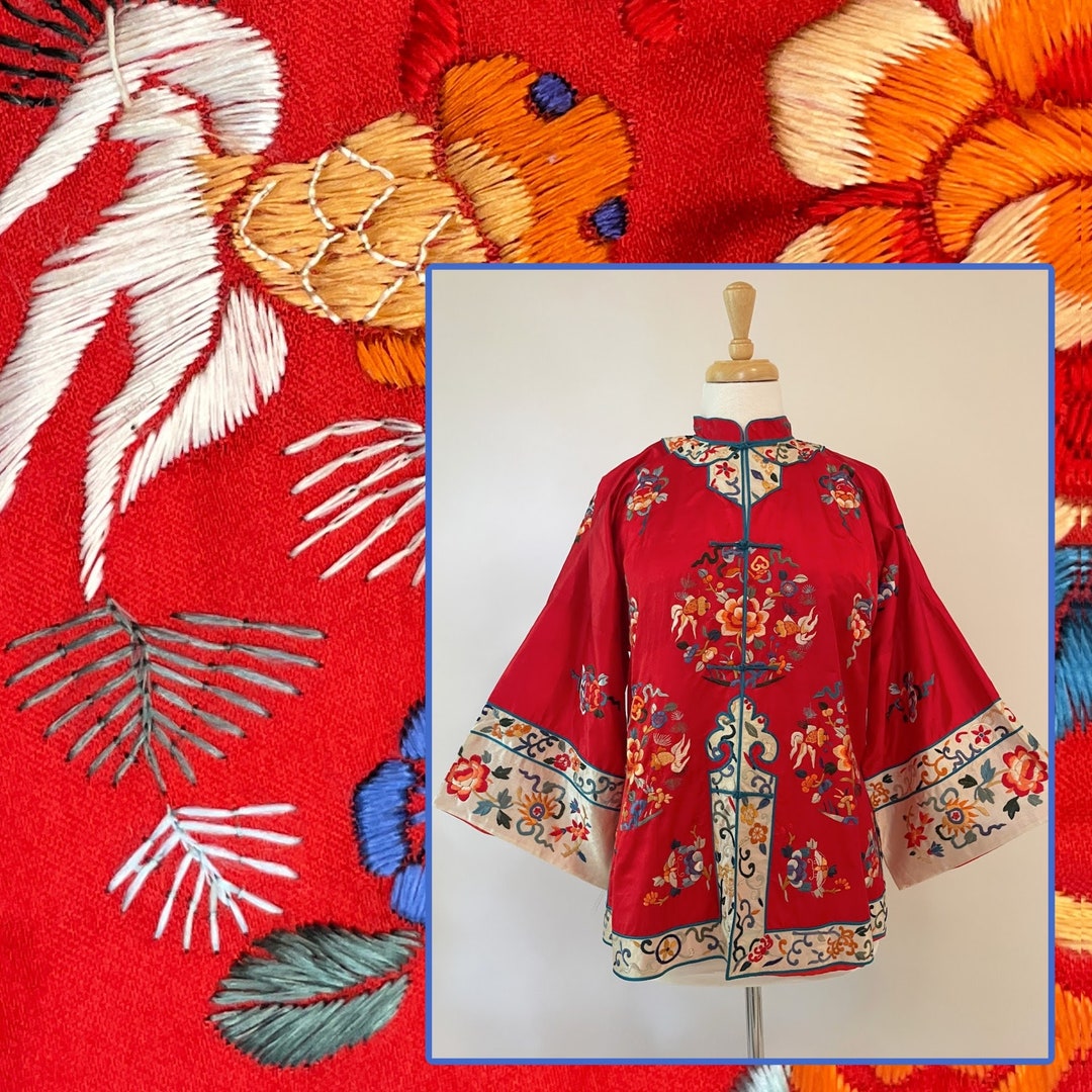 Beautiful Red Silk Mandarin Collar Jacket HAND EMBROIDERED Goldfish ...