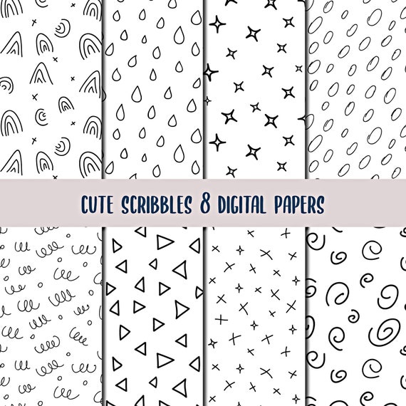 Digital papers scribbles doodles black & white digital art | Etsy