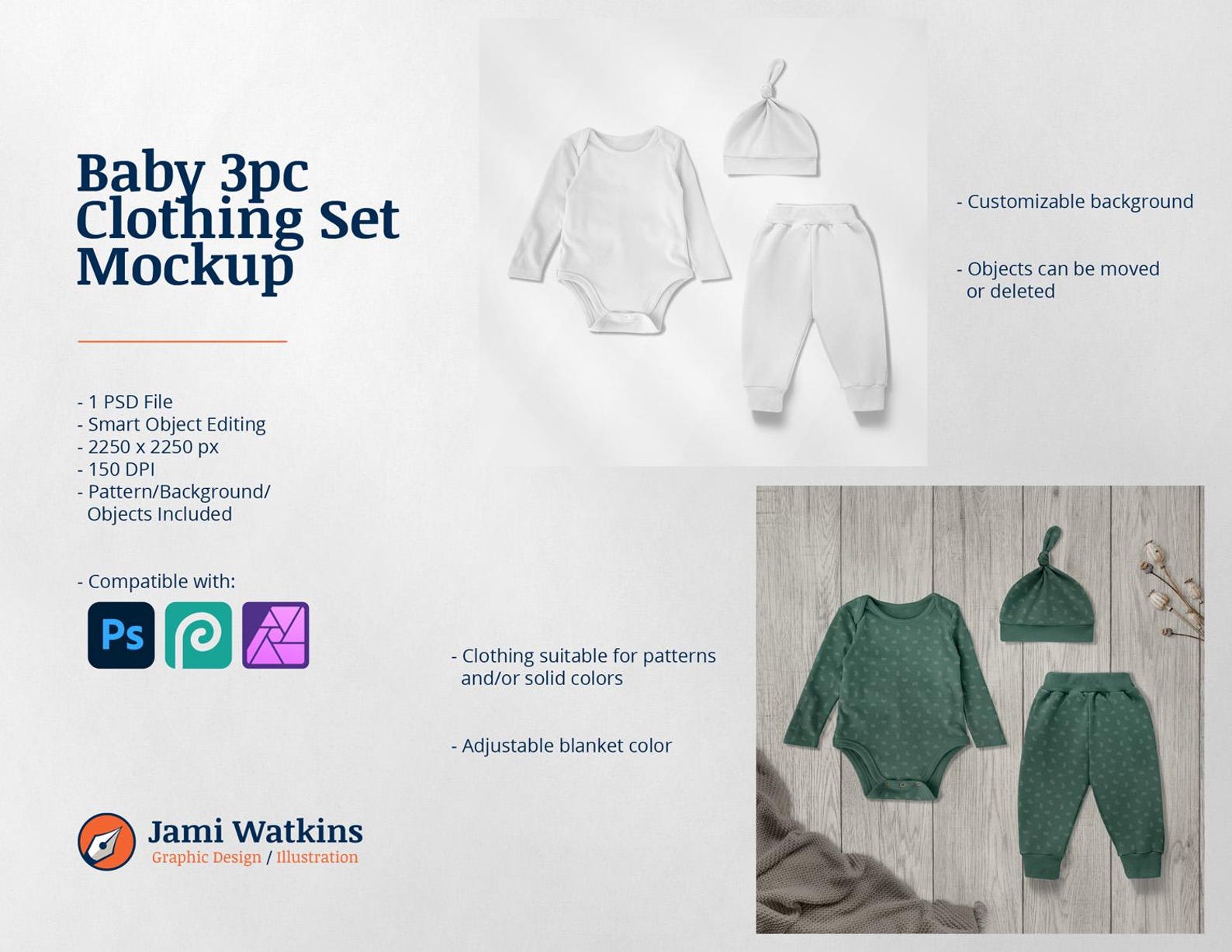 Baby 3pc Clothing Set PSD Mockup Template, Photoshop Smart Object ...