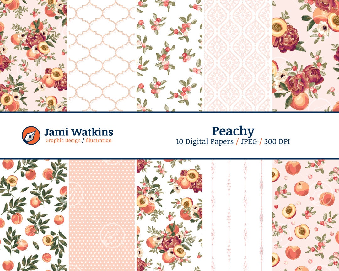 Peachy Digital Paper Set (10), Seamless Peaches and Flowers Pattern - Etsy
