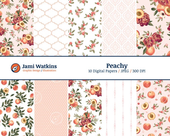 Peachy Digital Paper Set 10 Seamless Peaches and Flowers - Etsy