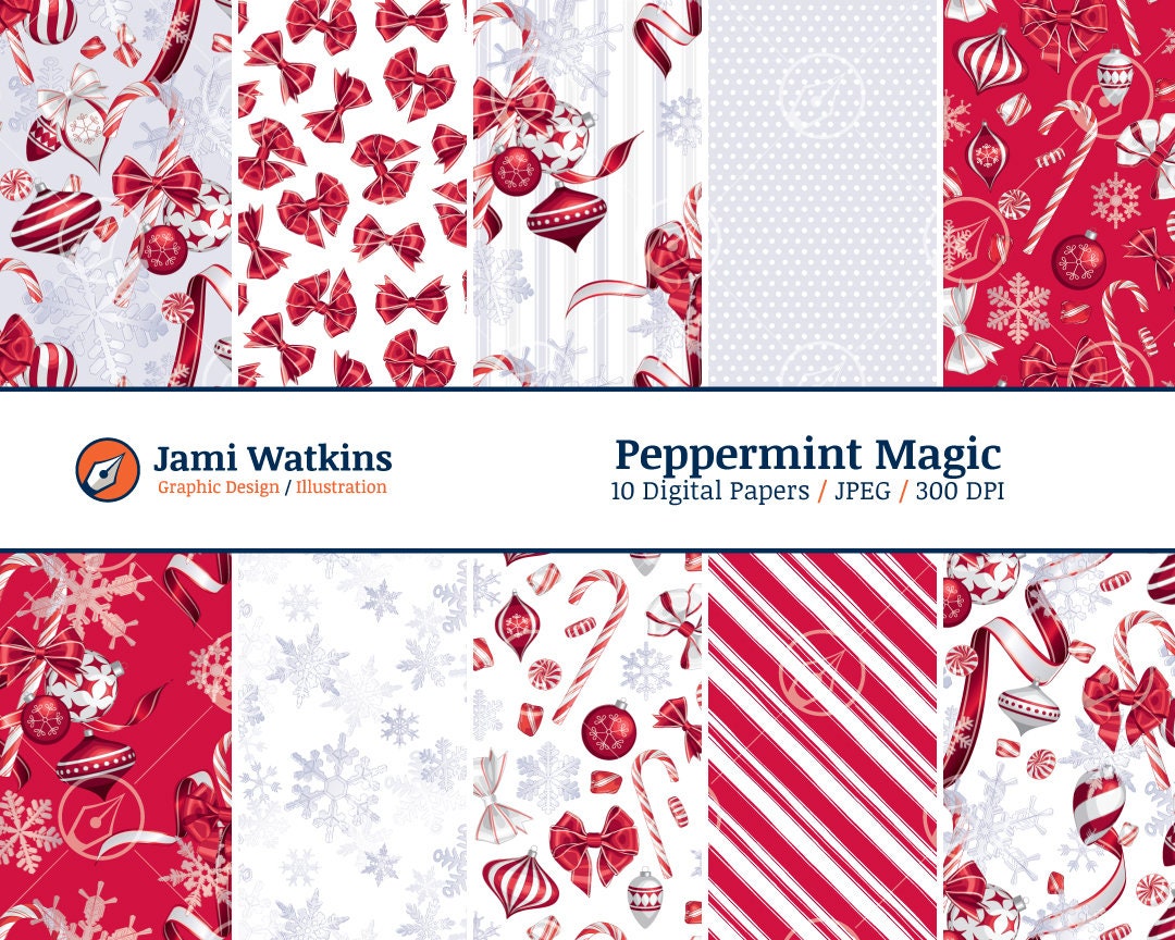 Peppermint Magic Digital Paper Set (10), Candy Cane Wallpaper, Seamless ...