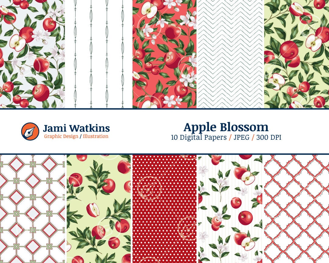 Apple Blossom Digital Paper Set (10), Seamless Fruit Pattern - Etsy