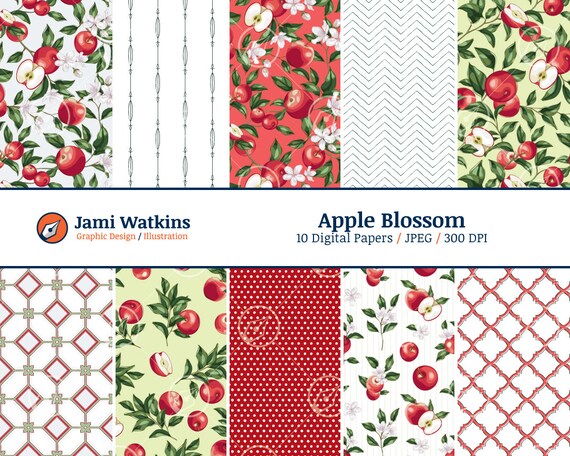 Apple Blossom Digital Paper Set 10 Seamless Fruit Pattern - Etsy