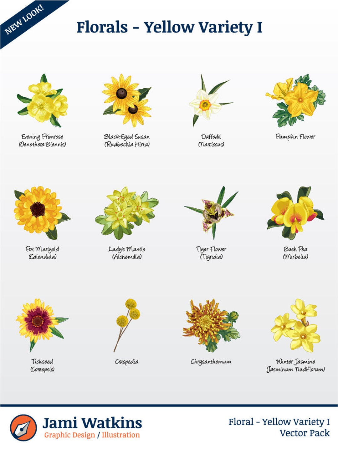 Florals (yellow Variety 1) Vector Illustration Pack (set of 12) / Clip ...