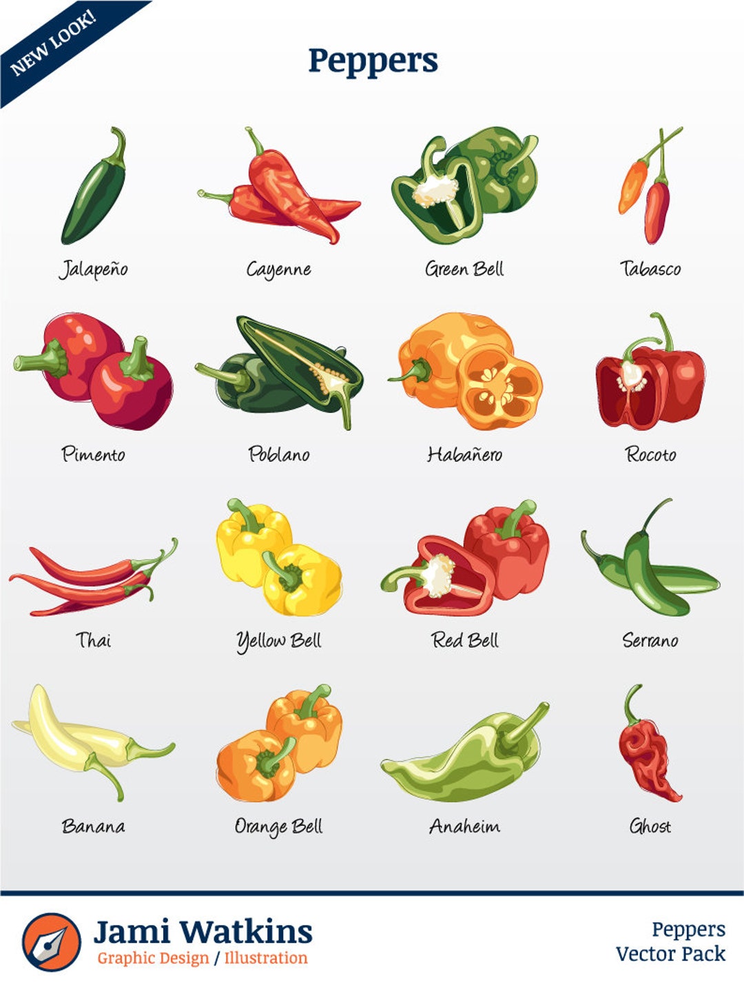 Peppers Vector Illustration Pack (set of 16) / Clip Art [files: PNG ...