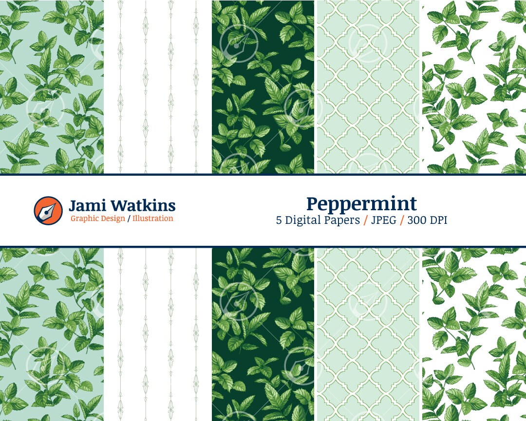 Peppermint Digital Paper Set (5), Essential Oil Pattern, Mint Leaves ...