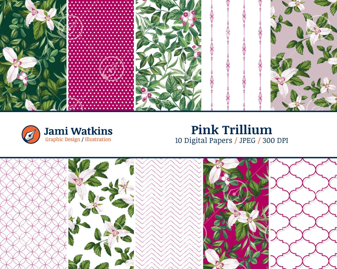 Pink Trillium Digital Paper Set (10), Printable Seamless Spring ...