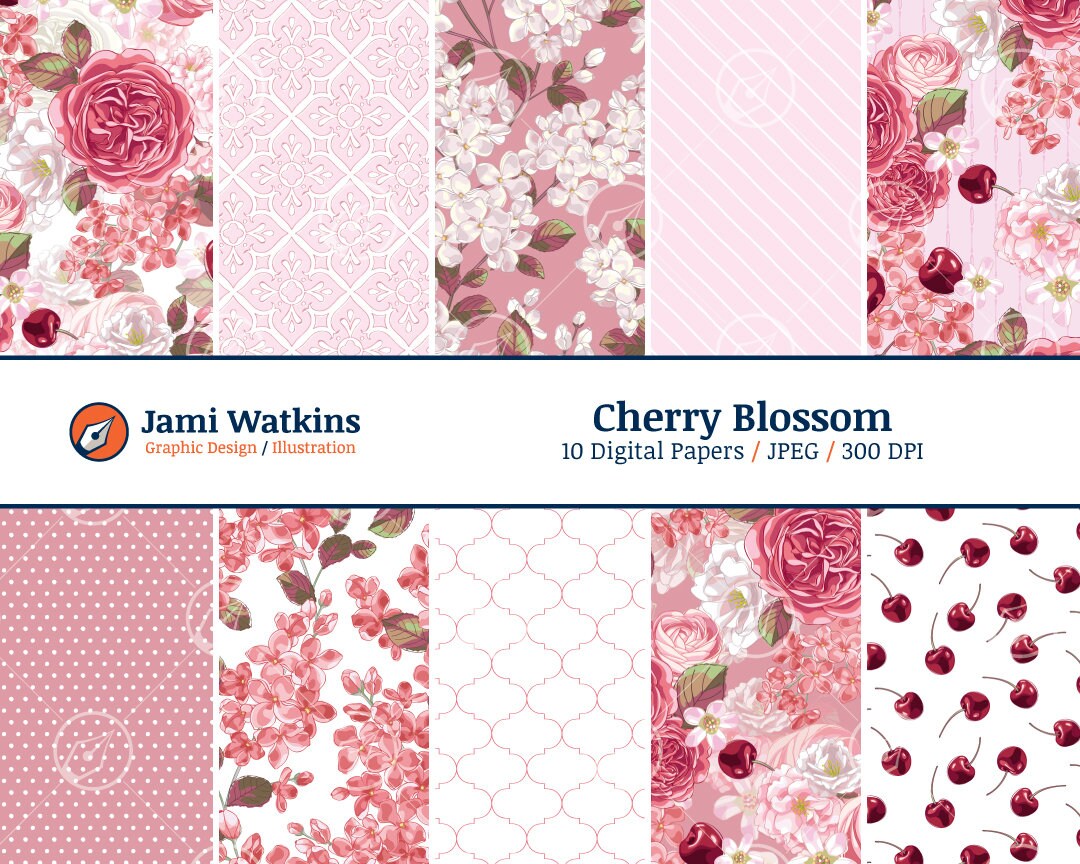 Cherry Blossom Digital Paper Set (10), Pink Lilac Pattern, Spring ...