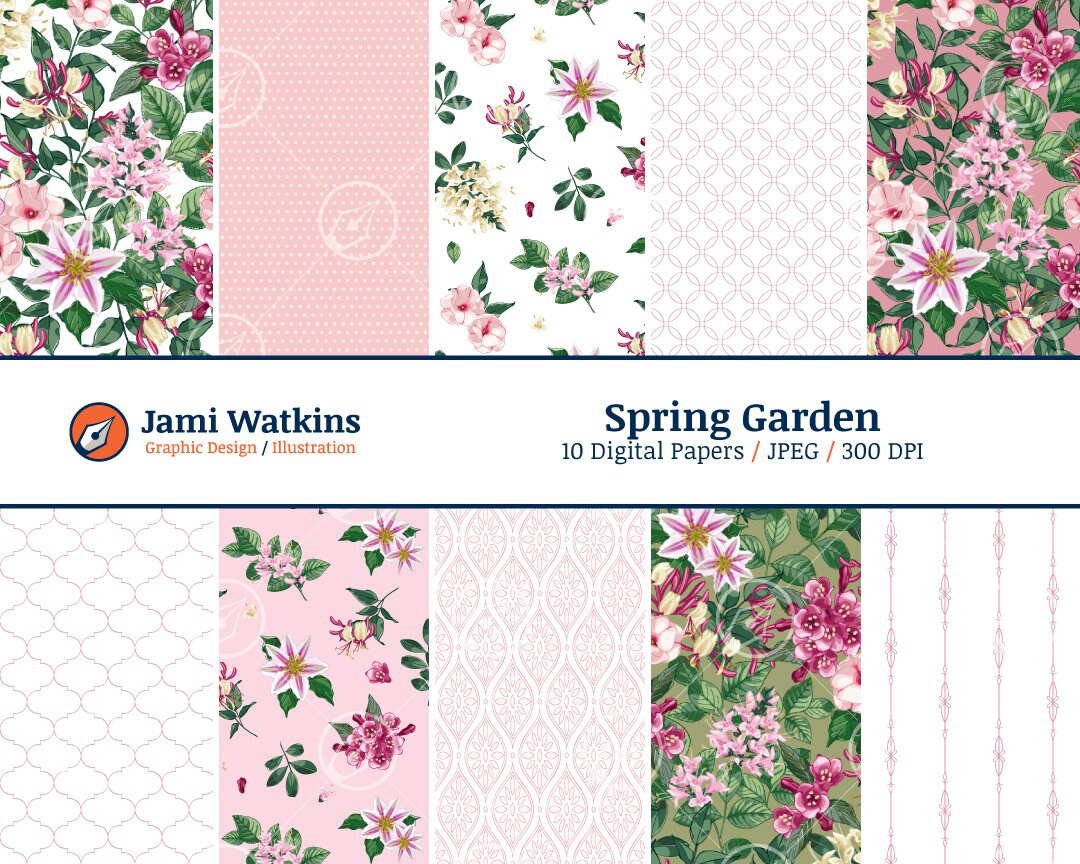 Spring Garden Digital Paper Set (10), Pink Flowers Pattern - Etsy