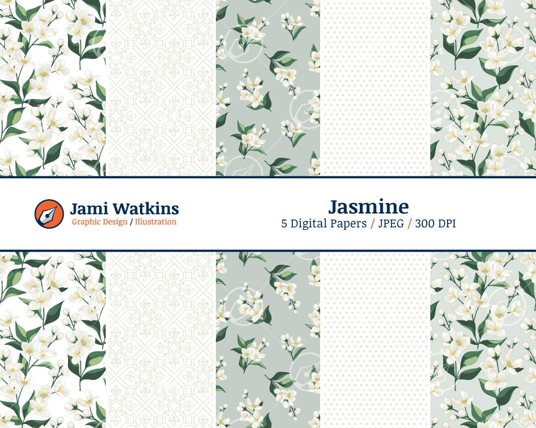 Jasmine Digital Paper Set (5), Essential Oil Pattern, Botanical, White ...