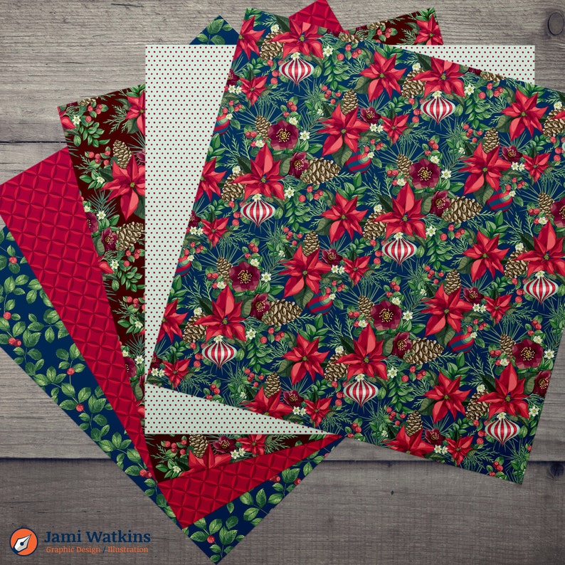 Poinsettia Christmas Digital Paper Set (10), Seamless Winter Holiday ...