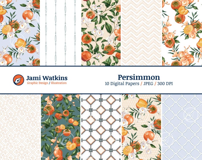 Persimmon Digital Paper Set (10), Seamless Fruit Pattern, Botanical ...