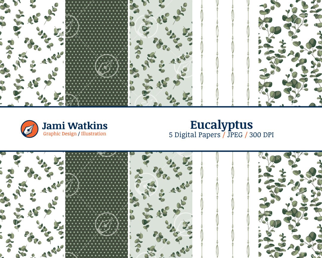 Eucalyptus Digital Paper Set (5), Essential Oils Pattern, Botanical ...
