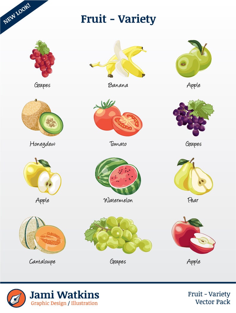 Fruit (variety) Vector Illustration Pack (set of 12) / Clip Art [files ...