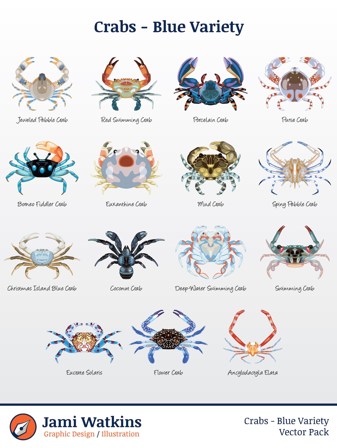 Blue Crabs Vector Illustration Pack (set of 15) / Clip Art [files: PNG ...