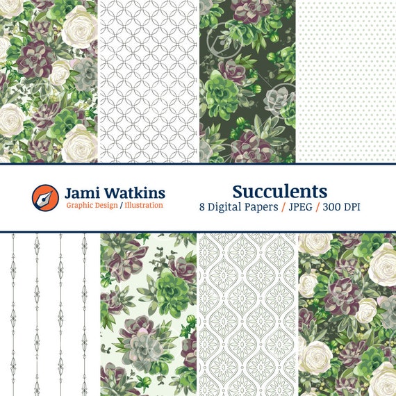 Succulents Digital Paper Set 8 Seamless Succulent Pattern | Etsy