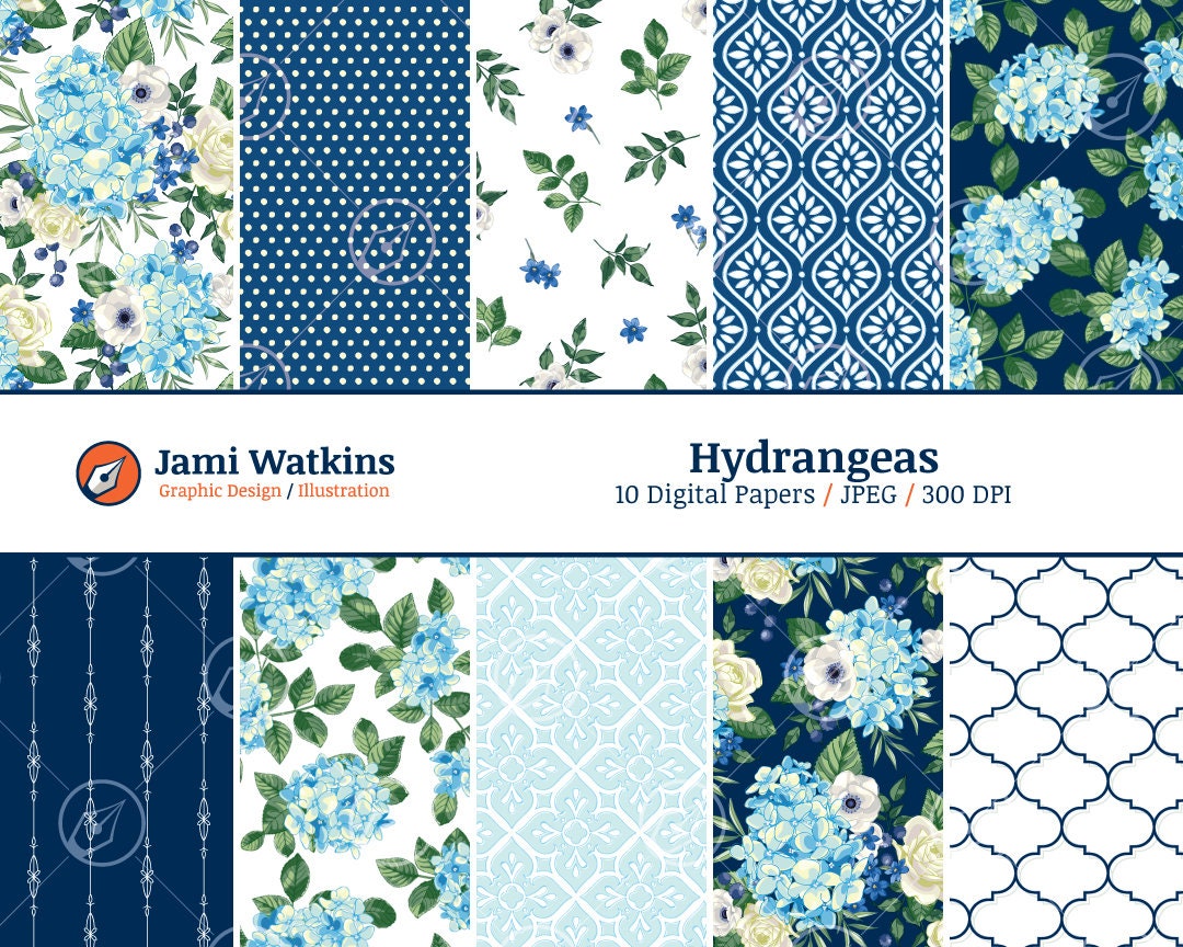 Hydrangeas Digital Paper Set (10), Seamless Blue Floral Pattern - Etsy