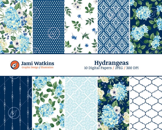 Hydrangeas Digital Paper Set 10 Seamless Blue Floral | Etsy