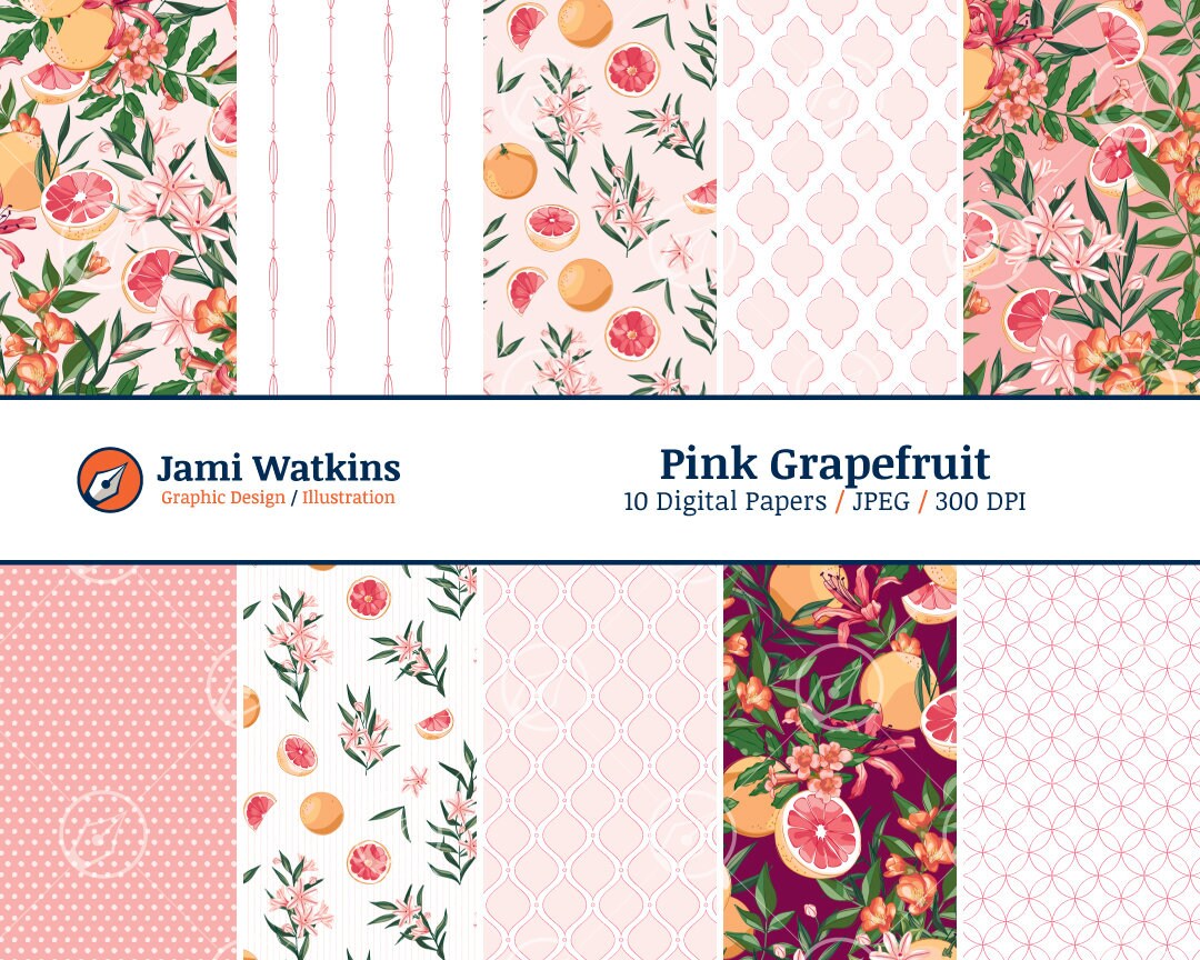 Pink Grapefruit Digital Paper Set (10), Citrus Fruit and Floral Pattern ...