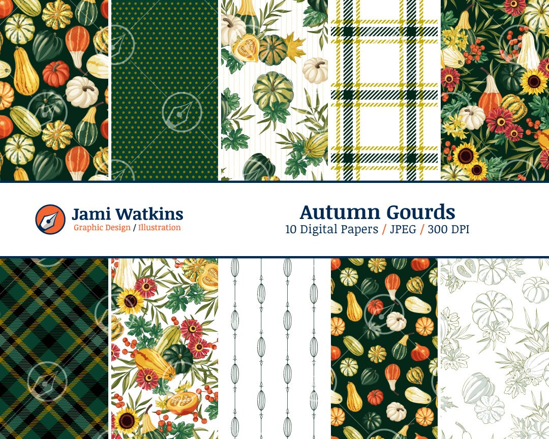 Autumn Gourds Digital Paper Set (10), Fall Flannel Pattern, Plaid ...