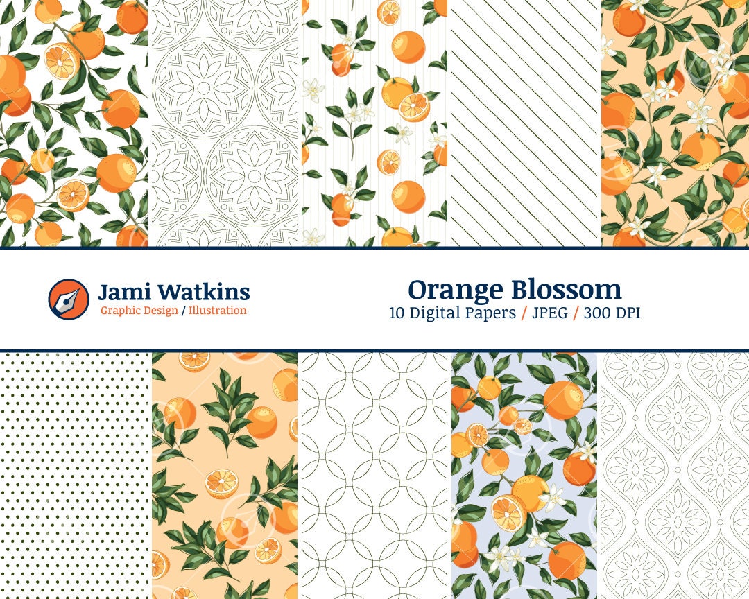 Orange Blossom Digital Paper Set (10), Citrus Fruit Pattern, Orange ...