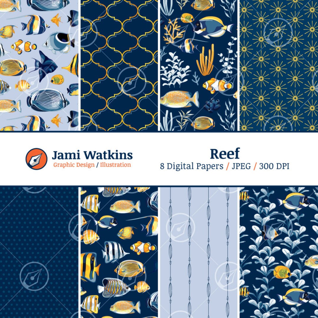Reef Digital Paper Set (8), Seamless Tropical Fish Pattern, Sea ...