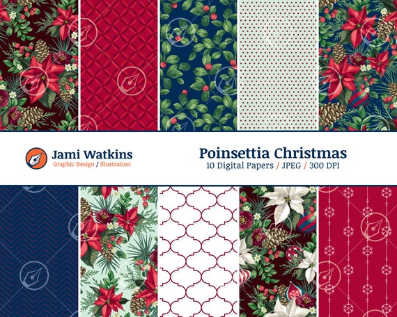 Poinsettia Christmas Digital Paper Set 10 Seamless Winter | Etsy