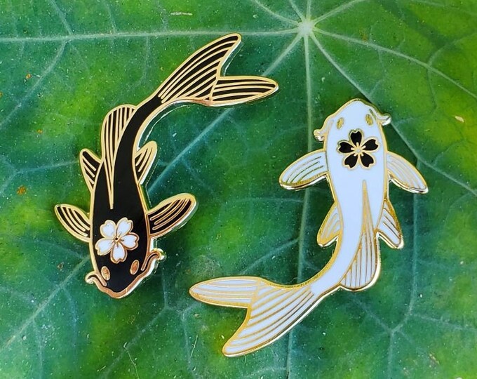 Yin and Yang Sakura Koi Black and White Sakura Koi Hard Enamel Pins Japanese Cherry Blossom Koi ...