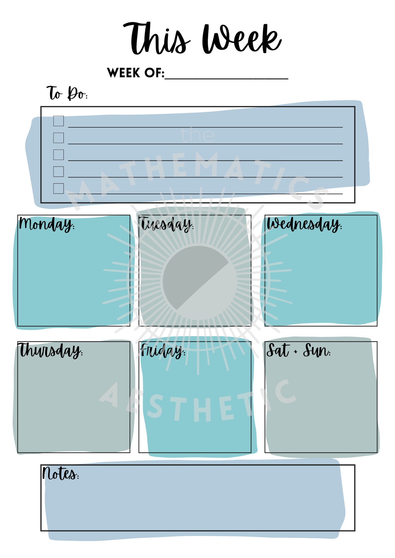 Printable Weekly Planning Sheet, Blue/green Color Scheme, Minimalistic ...