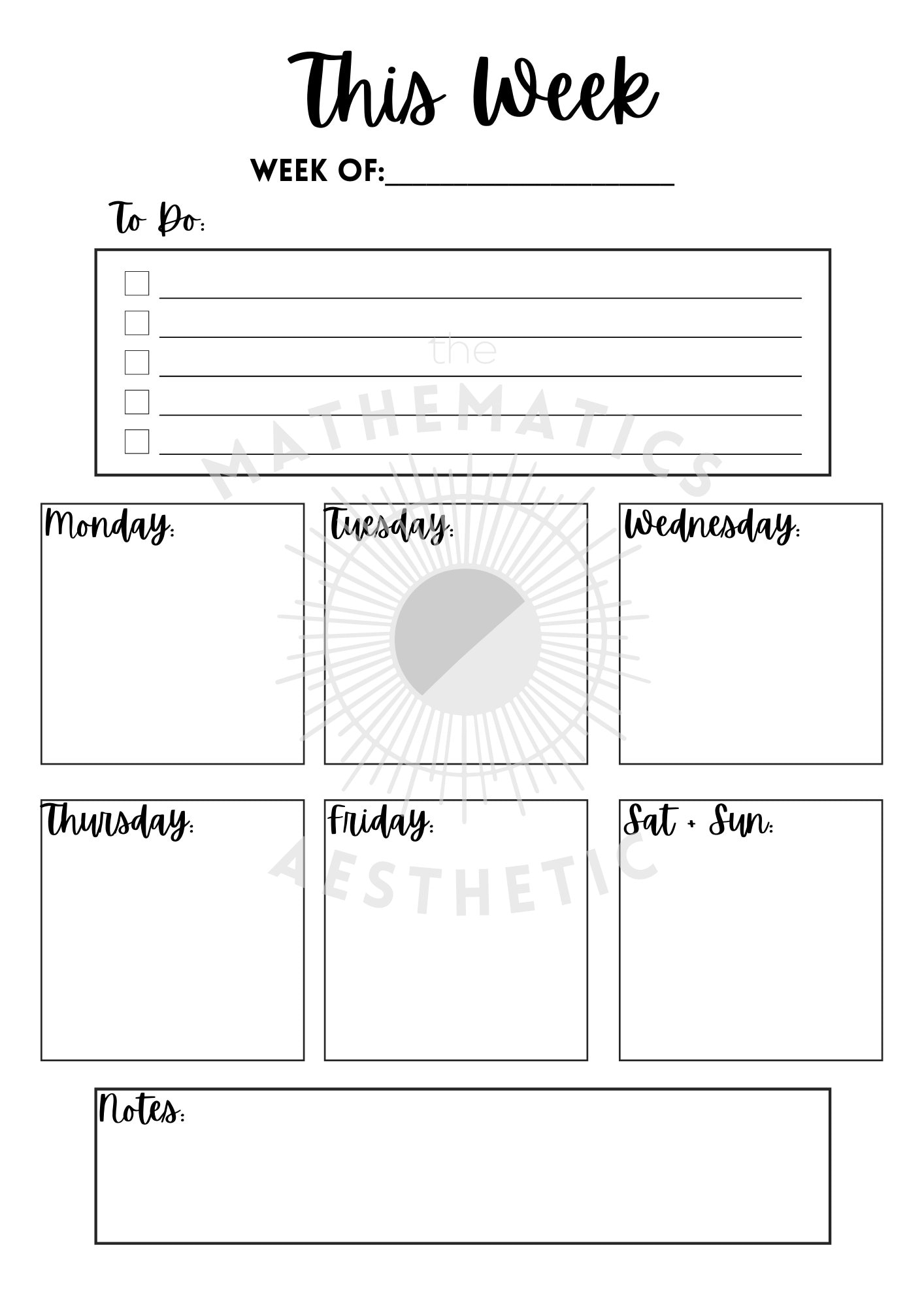 Printable Weekly Planning Sheet, Black and White, Minimalistic ...