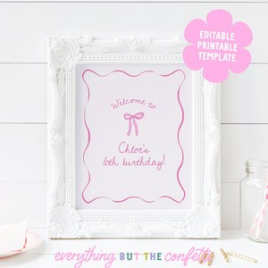 Printable Bows Party Sign Template, Pink Ribbon Birthday Sign Printable ...