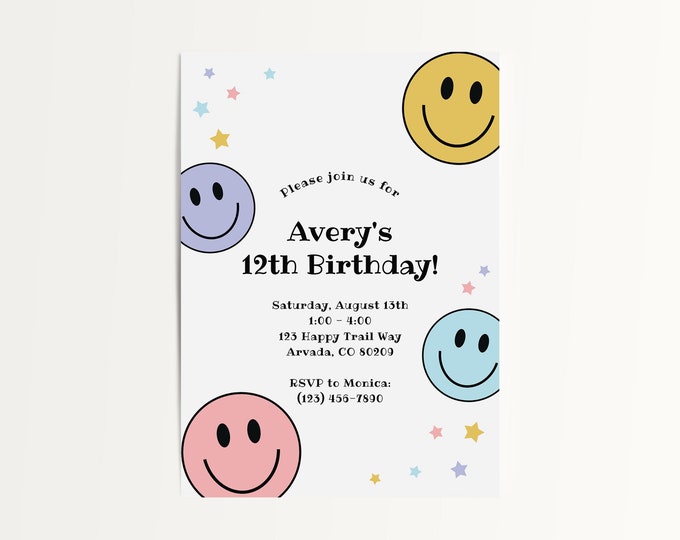 Smiley Face Invite, Smiley Face Birthday Invitation, Pink Groovy Retro ...