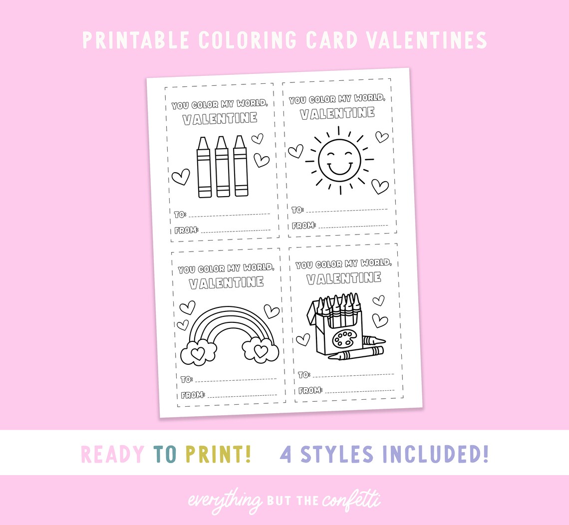 Printable Color My World Valentine Coloring Cards, Classroom Crayon ...