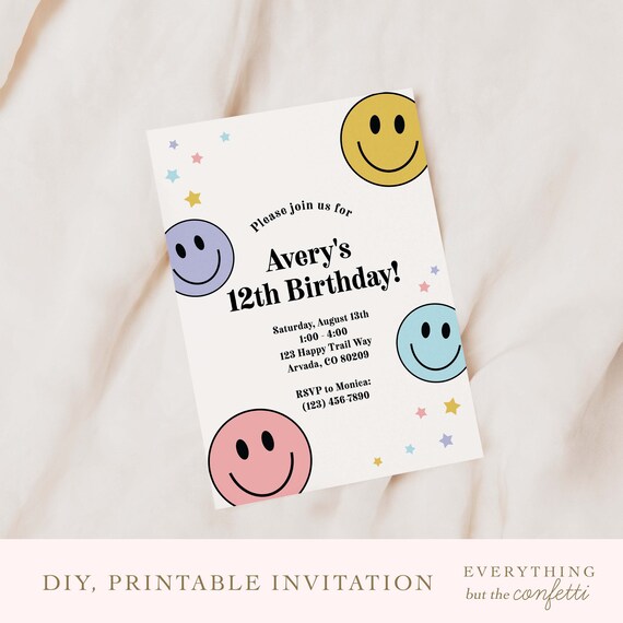 Smiley Faces Editable Printable Invitation Template Kids - Etsy